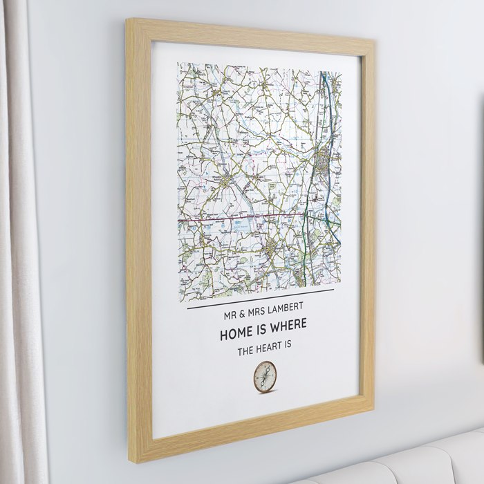 Personalised Present Day Map Compass Oak Poster Frame | SpecialMoment.co.uk