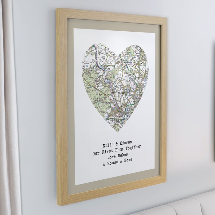 Personalised Present Day Map Heart Oak Poster Frame | SpecialMoment.co.uk