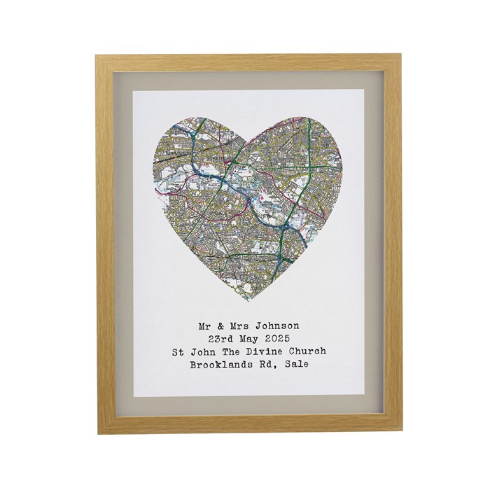 Personalised Present Day Map Heart Oak Poster Frame | SpecialMoment.co.uk