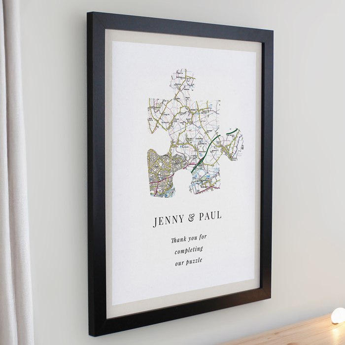 Personalised Present Day Map Puzzle Piece Black Poster Frame ...
