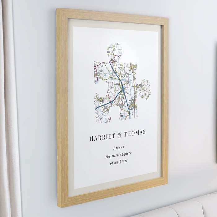 Personalised Present Day Map Puzzle Piece Oak Poster Frame ...