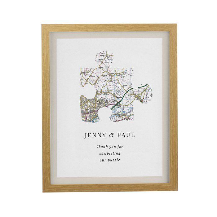 Personalised Present Day Map Puzzle Piece Oak Poster Frame ...