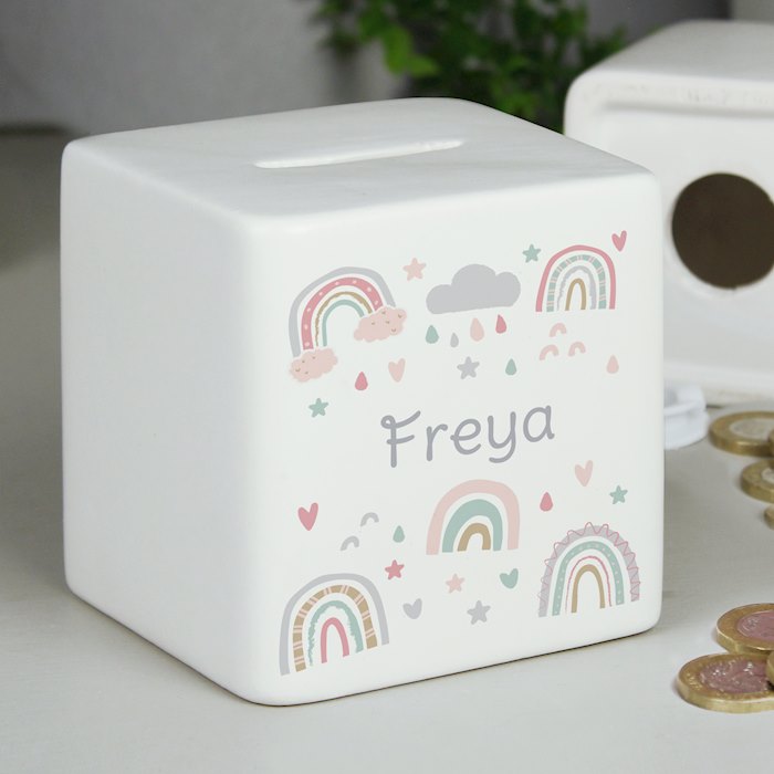 Personalised Rainbow Ceramic Square Money Box | SpecialMoment.co.uk