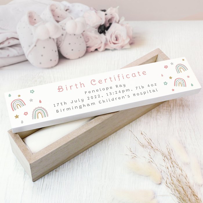 Personalised Rainbow Wooden Birth Certificate Holder | SpecialMoment.co.uk