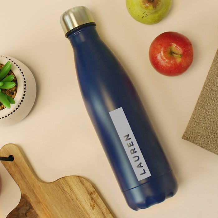 Personalised Rectangle Navy Metal Insulated Drinks Bottle ...