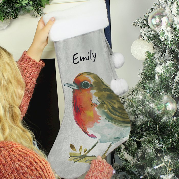 Personalised Robin Silver Grey Stocking | SpecialMoment.co.uk