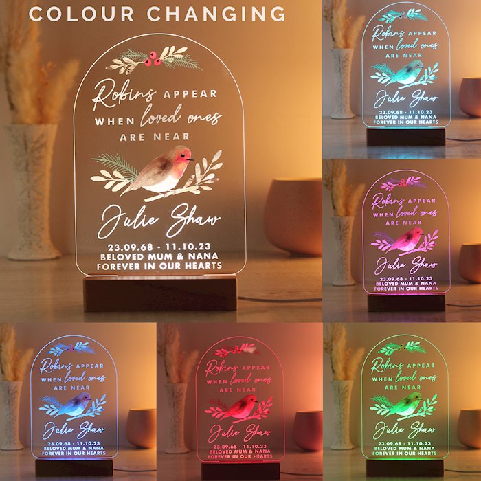 Personalised Robins Appear Wooden Based LED Light | SpecialMoment.co.uk