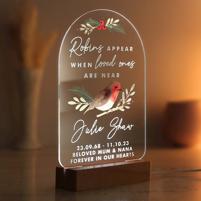 Personalised Robins Appear Wooden Based LED Light | SpecialMoment.co.uk