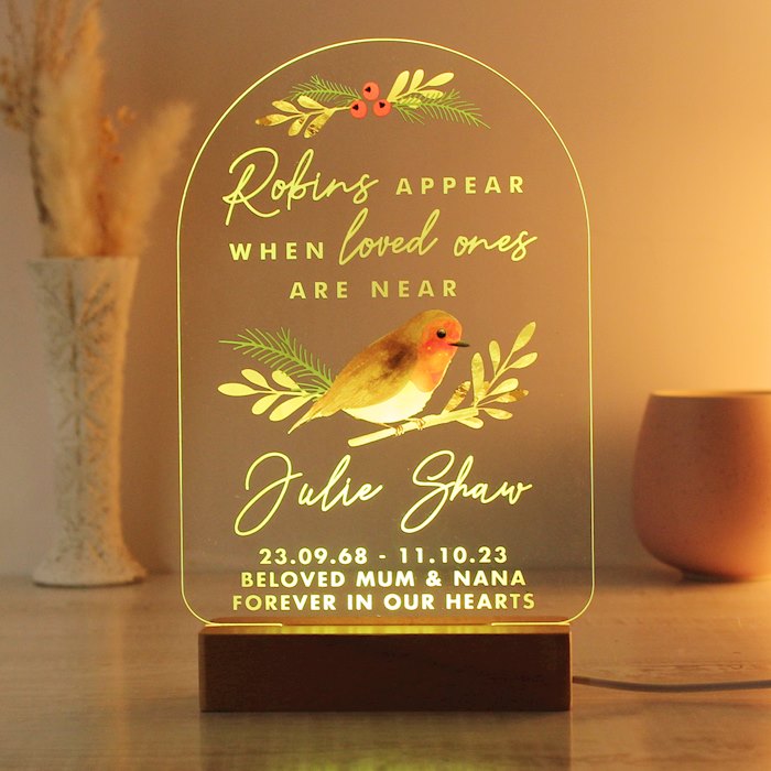Personalised Robins Appear Wooden Based LED Light | SpecialMoment.co.uk