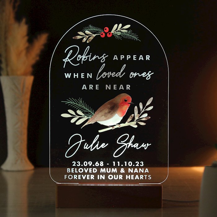 Personalised Robins Appear Wooden Based LED Light | SpecialMoment.co.uk