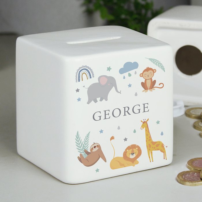 Personalised Safari Animals Ceramic Square Money Box | SpecialMoment.co.uk