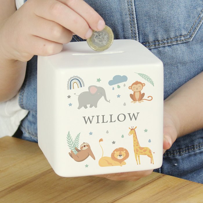 Personalised Safari Animals Ceramic Square Money Box | SpecialMoment.co.uk