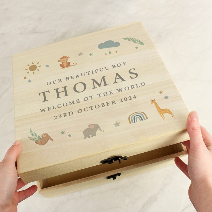 Personalised Safari Animals Large Wooden Keepsake Box | SpecialMoment.co.uk