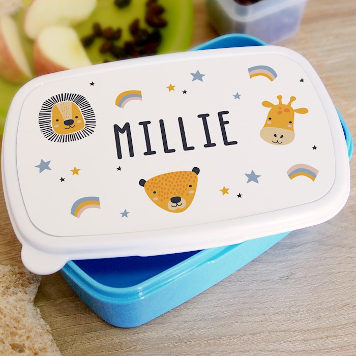 Personalised Safari Animals Name Only Blue Lunch Box | SpecialMoment.co.uk