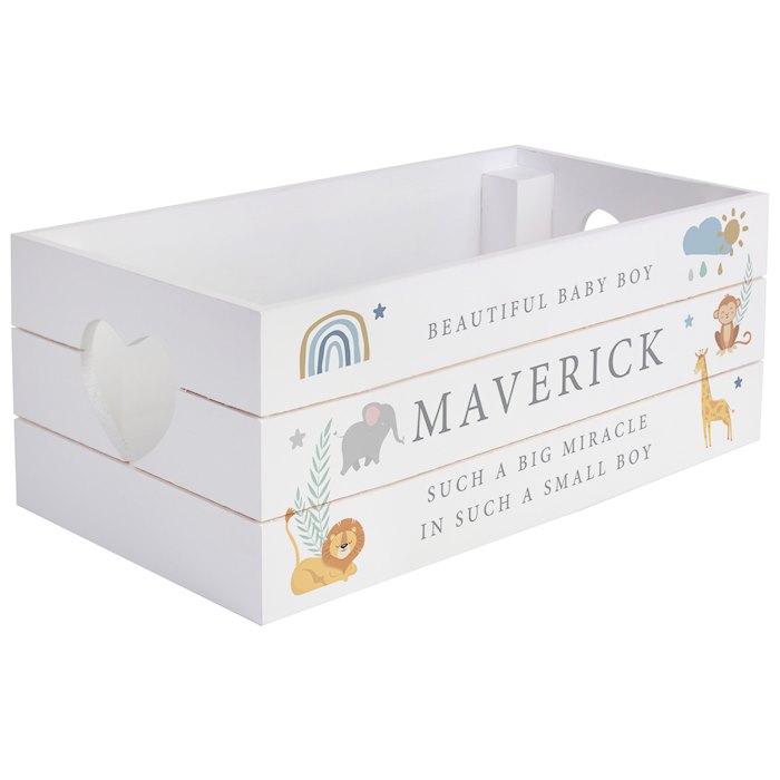 Personalised Safari Animals Small White Wooden Crate | SpecialMoment.co.uk