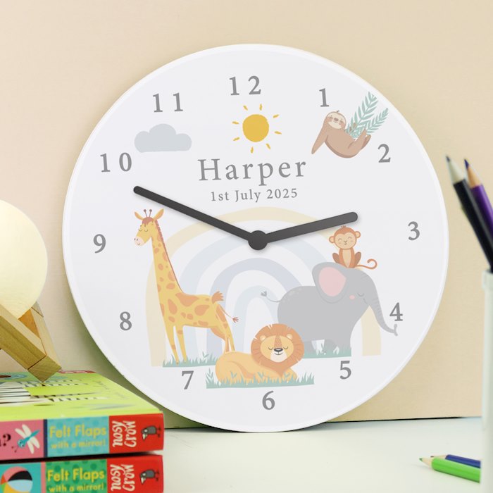 Personalised Safari Animals Wooden Nursery Clock | SpecialMoment.co.uk