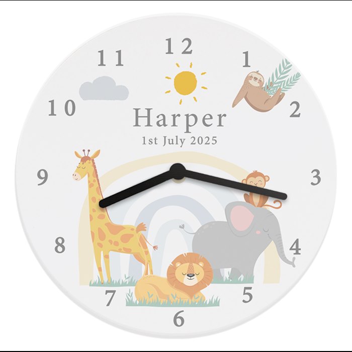 Personalised Safari Animals Wooden Nursery Clock | SpecialMoment.co.uk