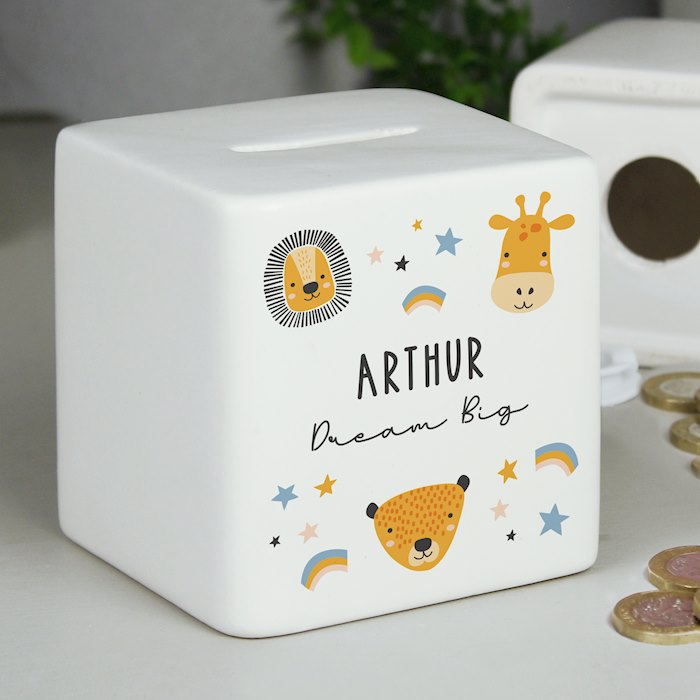 Personalised Scandi Safari Animals Ceramic Square Money Box ...