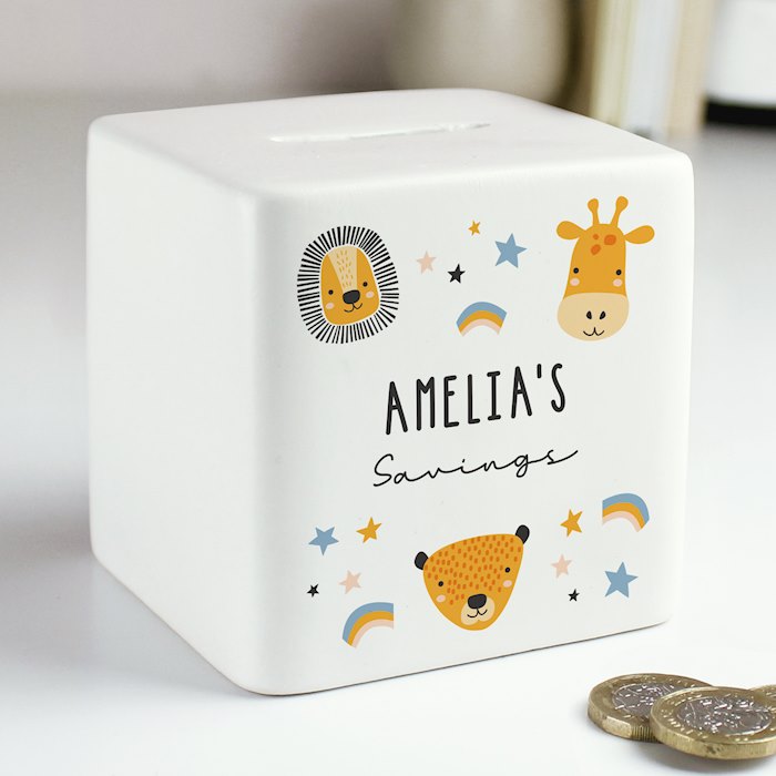 Personalised Scandi Safari Animals Ceramic Square Money Box ...