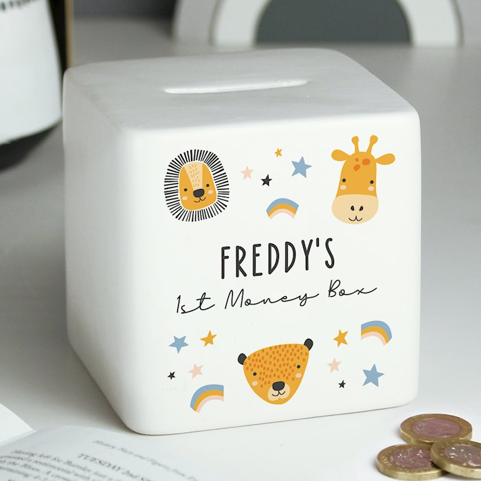 Personalised Scandi Safari Animals Ceramic Square Money Box ...