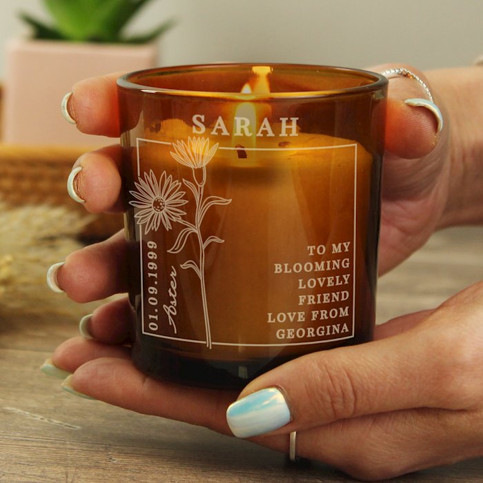 Personalised September Birth Flower Amber Glass Candle | SpecialMoment ...