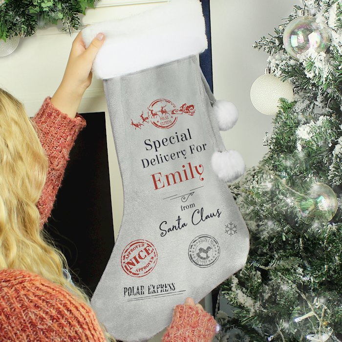 Personalised Special Delivery Silver Grey Stocking | SpecialMoment.co.uk