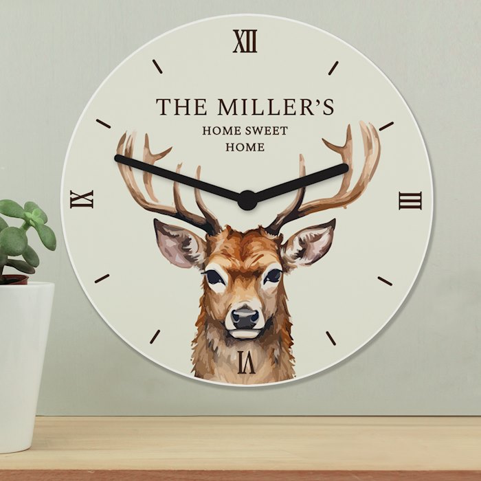Personalised Watercolour Stag Wooden Clock | SpecialMoment.co.uk