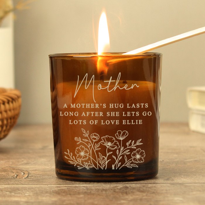 Personalised Wild Flowers Amber Glass Candle | SpecialMoment.co.uk