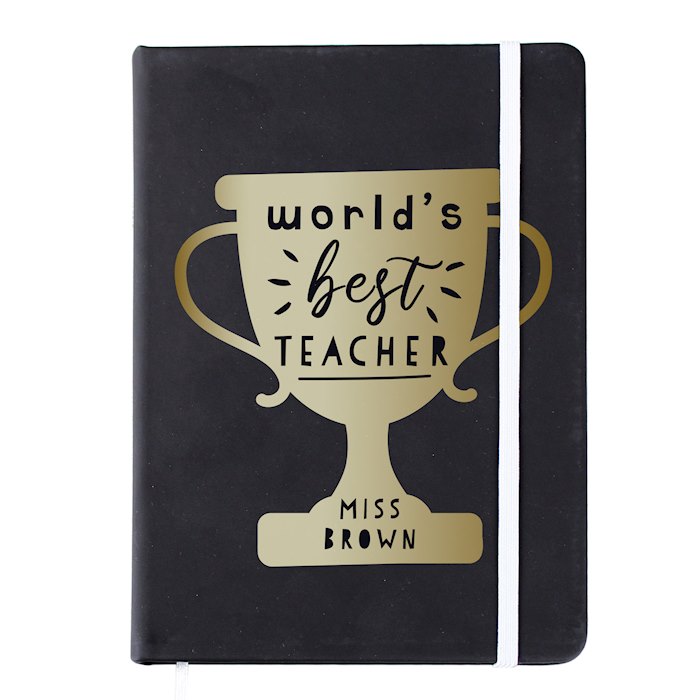 Personalised Worlds Best Teacher Trophy Black Hardback Notebook ...